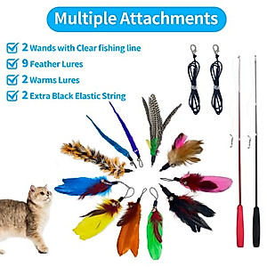 Petstie Cat Feather Teaser Toy, 2PCS Retractable Cat Wands,11PCS Teaser Refills with Bells and Extra 2PCS Elastic Strings, Cat Wand Toys for Indoor Cats