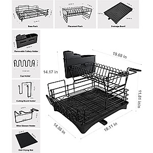 MAJALiS Dish Drying Rack Drainboard Set, 2 Tier Stainless Steel Large Dish Racks with Drainage, Wine Glass Holder, Utensil Holder and Extra Drying Mat, Dish Drainers for Kitchen Counter (Black)