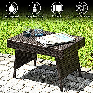 Tangkula Outdoor Wicker Table Patio Poolside Lawn Garden Rattan Steel Frame Folding Standing Coffee Table Side Table