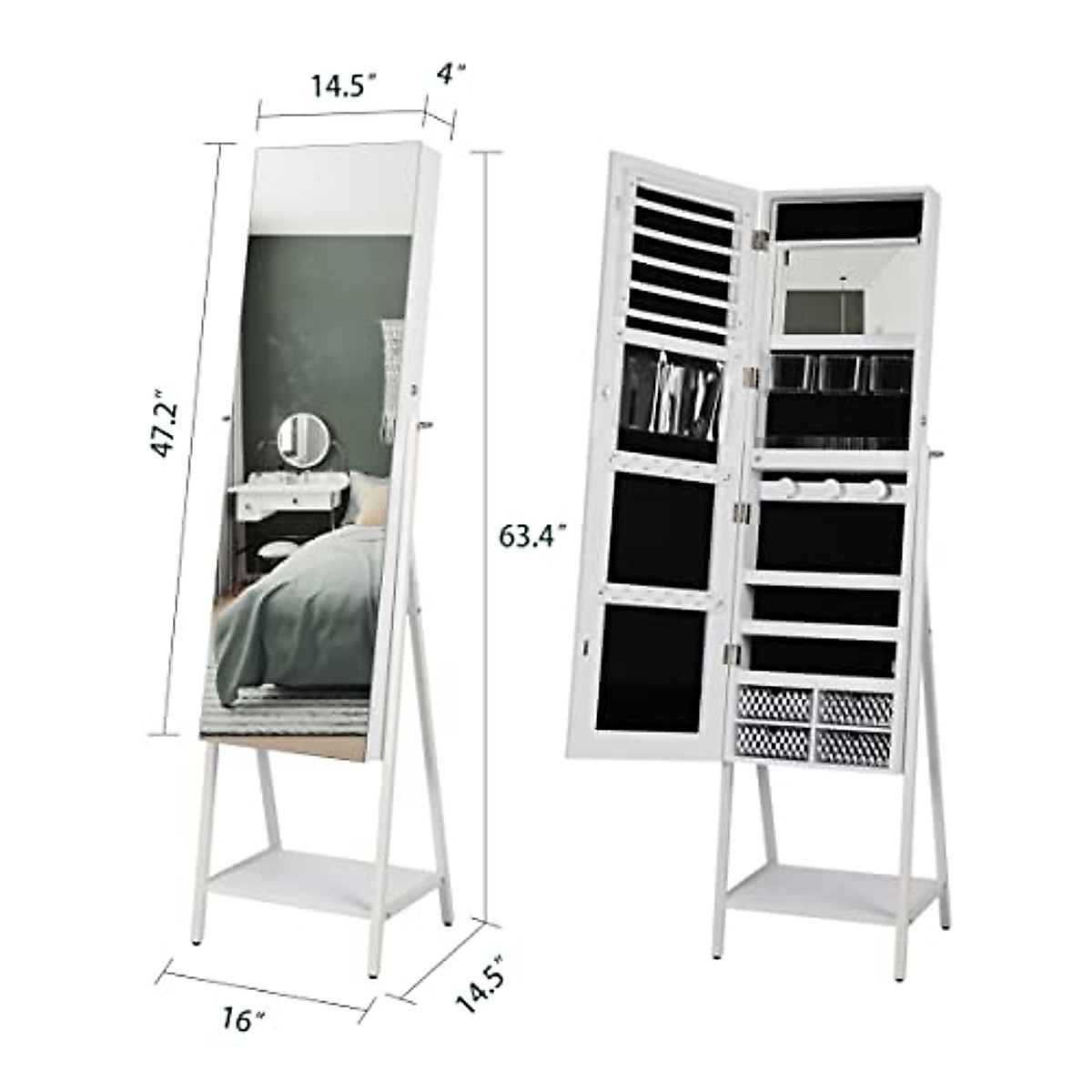 HNEBC Jewelry Cabinet Armoire with Lights,Lockable Jewelry Organizer Standing 47.2''Full-Length MirrorJewelry Boxes for Women Mirror with Jewelry Storage,Built-in LED Makeup Mirror/Drawer(White)
