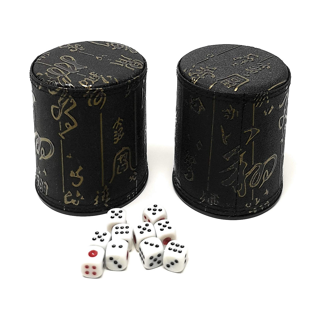 Asian Home Thy Collectibles Dice Cup with 5 Dices, PU Leather Professional Dice Shaker Cup Set for Yahtzee/Craps/Backgammon or Other Dice Games Chinese Calligraphy Design, 2 Pack