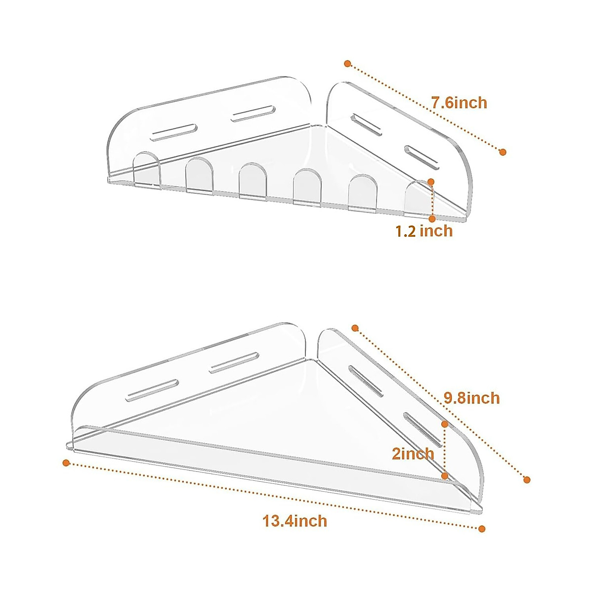 popbricks 2 Pack Acrylic Corner Shower Shelves, Clear Adhesive Shower Caddy Suction Cup for Tile Walls, Wall Mounted Bathroom Shower Shelf for Inside Shower & Kitchen Organizer Storage