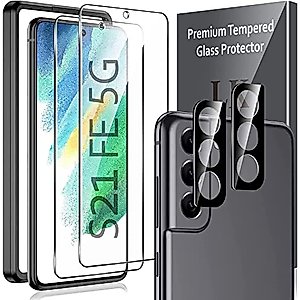 LK [5-in-1 2 Pack Samsung Galaxy S21 FE Screen Protector & 2 Pack Lens Protector with S21 FE Alignment Frame, 9H Tempered Glass, Scratch-Proof, [Fingerprint Unlock Support], Bubble-Free, 6.4-inch