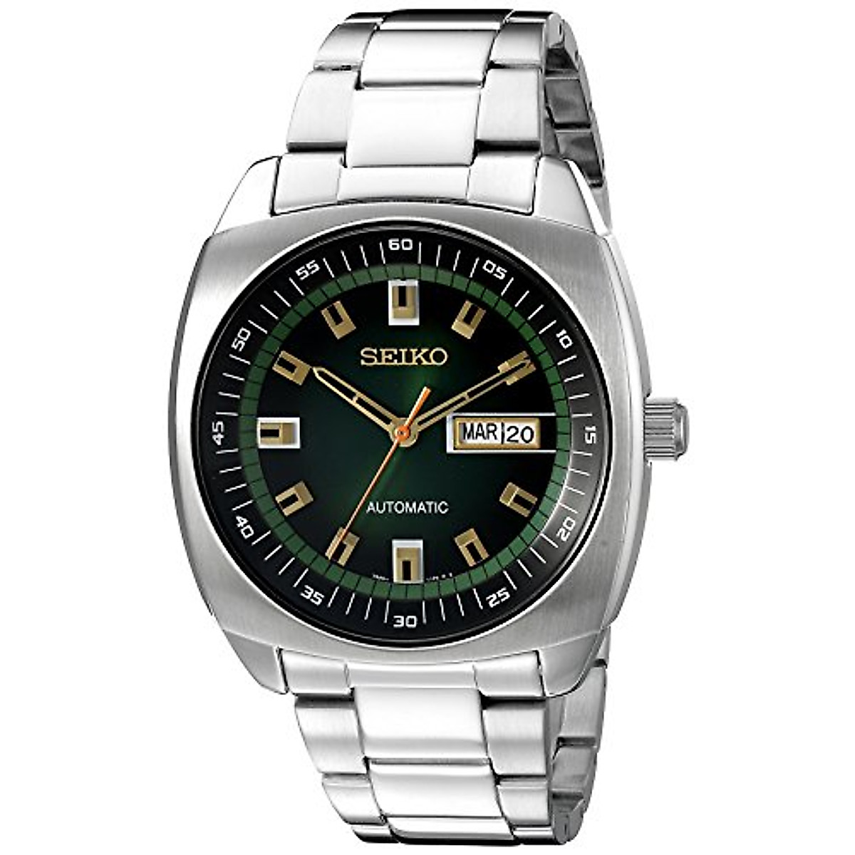 SEIKO SNKM97 Automatic Watch for Men - Recraft Series - Stainless Steel Case and Bracelet, Green Dial, Day/Date Calendar, 50m Water Resistant, and 41 Hour Power Reserve