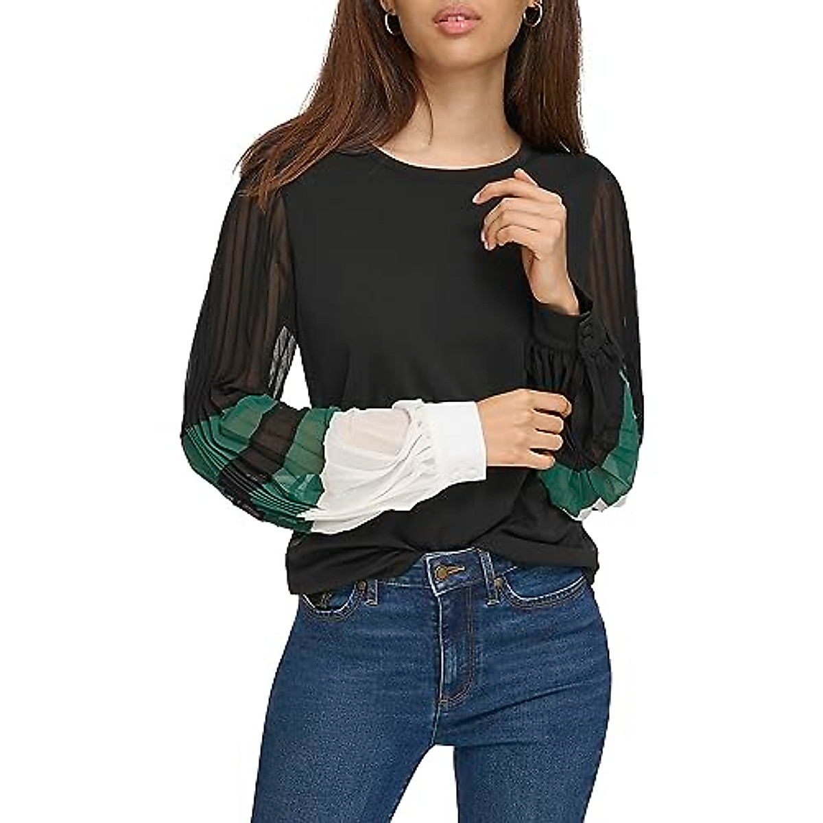 Karl Lagerfeld Paris Women's Long Sleeve Pleated Blouse, Black