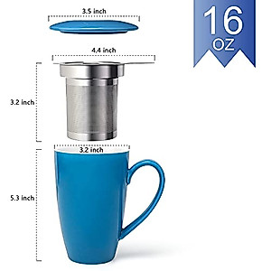 amhomel Porcelain Tea Mug with Infuser and Lid, 16 Ounce Ceramic Tea Cup for Loose Leaf, Coffee, Cocoa and Milk, Tea Gift for Tea Lovers, Set of 2(Blue and White)