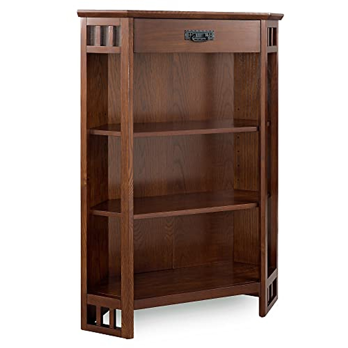 Leick Home 82263 Mantel Height 3 Shelf Corner Bookcase with Drawer Storage, Mission Oak, Brownbronze