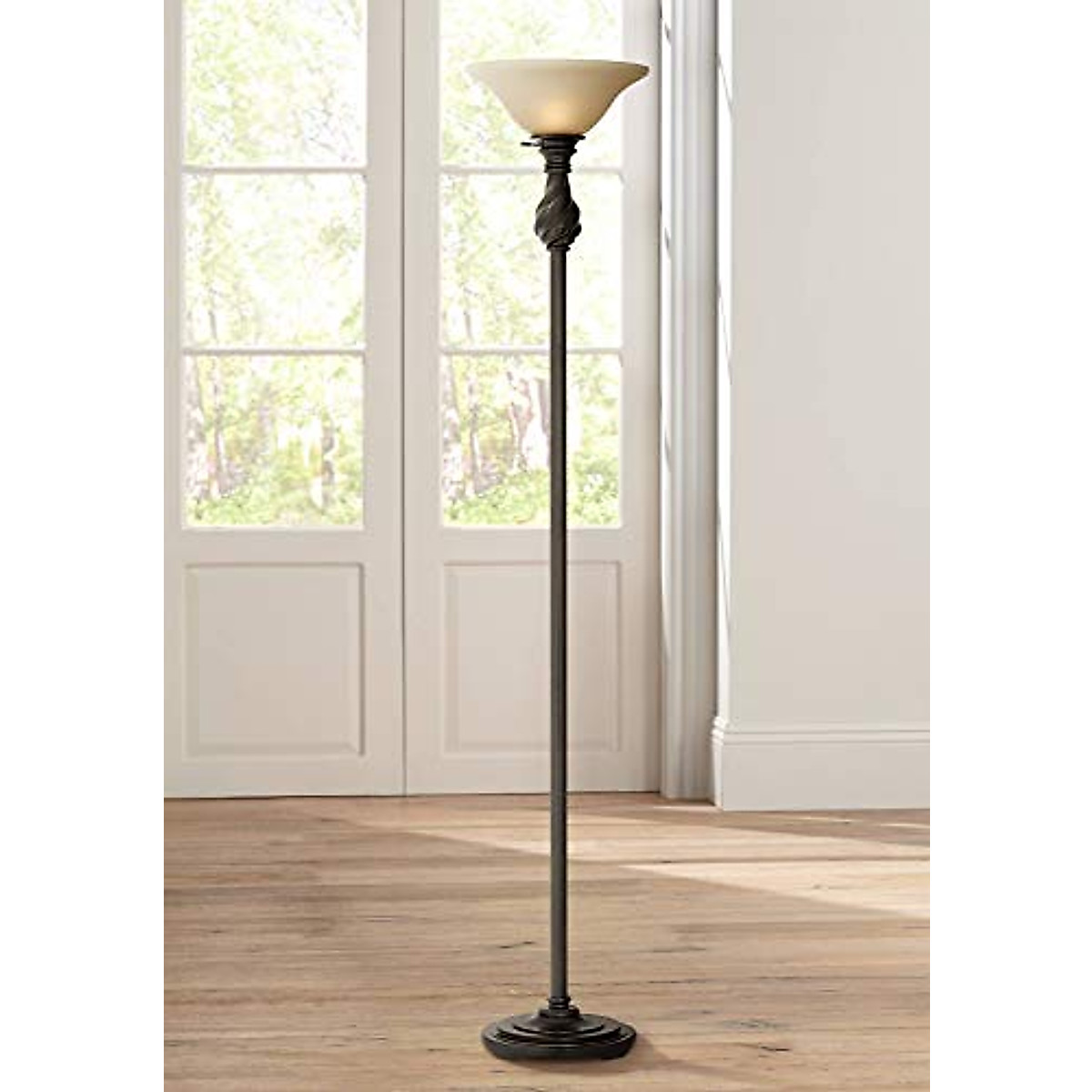 Regency Hill Traditional Torchiere Floor Lamp 70" Tall Hand Applied Black Bronze Swirl Font Amber Glass Shade Standing Pole Light for Living Room Reading House Bedroom Home Office Decor