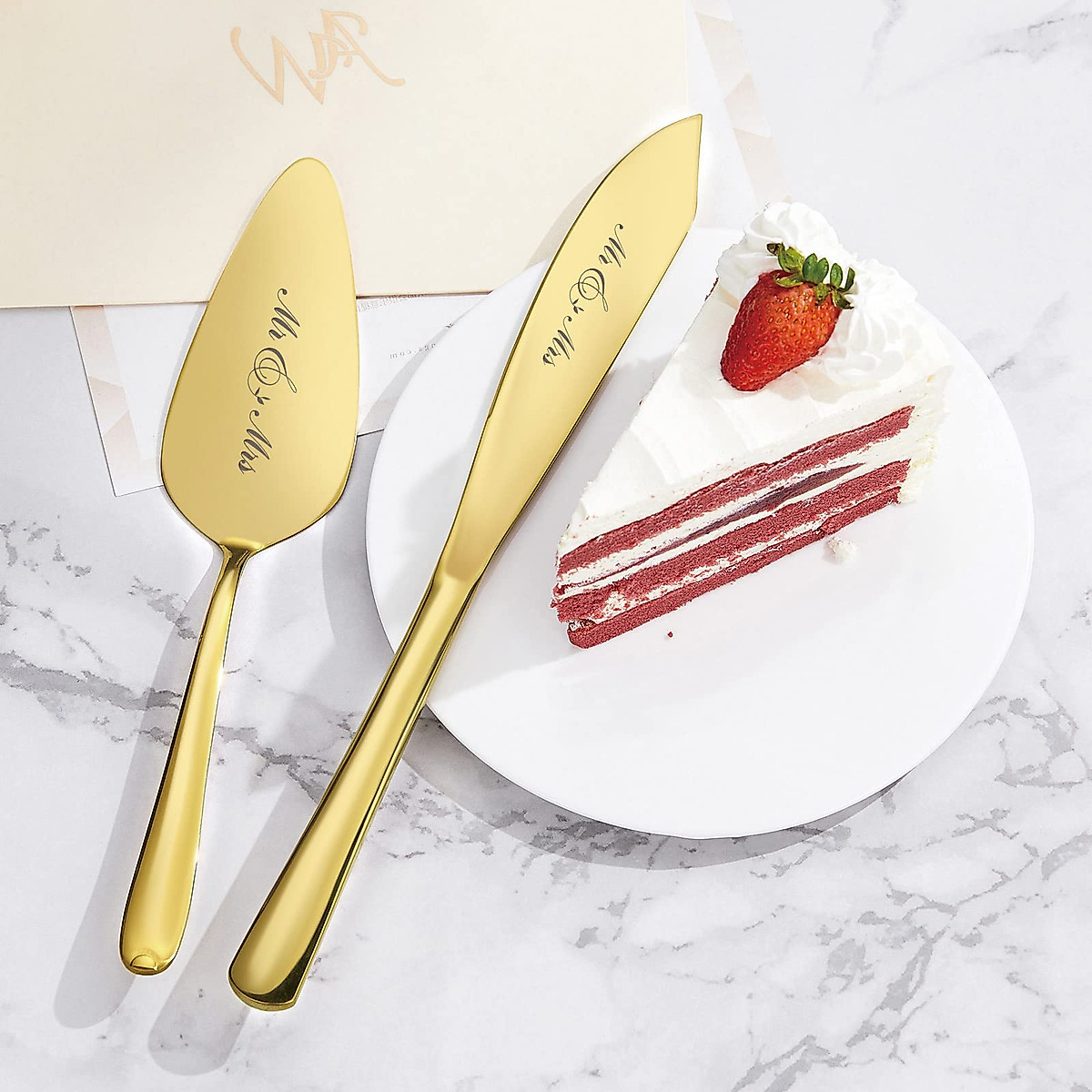 AW BRIDAL Gold Cake Cutting Set for Wedding, Mr Mrs Wedding Cake Knife Cake Pie Pastry Servers Gifts for Couples Wedding, Birthday, Parties and Events