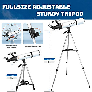 Dianfan Telescope,80mm Aperture 600mm Telescopes for Adults Astronomy,Fully Mult-Coated High Powered Refracting Telescope for Kids Beginners,Professional Telescopes with Tripod,Phone Adapter and Bag