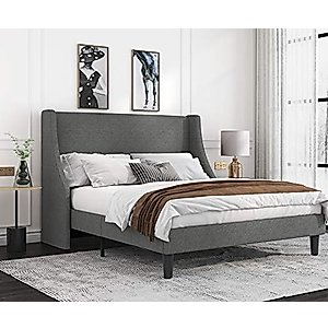 Allewie Full Size Bed Frame, Platform Bed Frame with Upholstered Headboard, Modern Deluxe Wingback, Wood Slat Support, Mattress Foundation, Light Grey