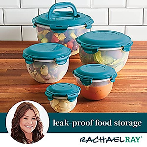 Rachael Ray Leak-Proof Nestable Container Food Storage Bin Set, 10-Piece, Clear with Teal Lids
