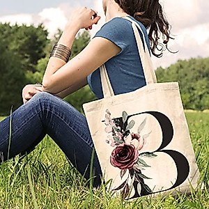 Floral Canvas Bags Gifts for Bridesmaid - Initial Tote Wedding Bag for Bridal Shower - Engagement Shoulder Totes Bags for Women - Bachelorette Party Gift for Girl - 15"x16" Large Bag C2 (Initial #A)
