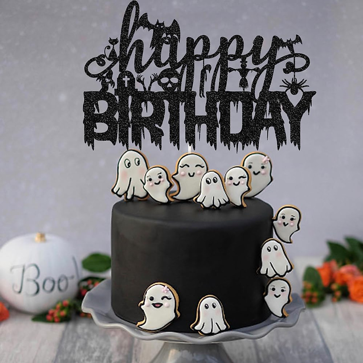 Black Glittery Halloween Happy Birthday Cake Topper Halloween Birthday Cake Picks with Bat Ghost Spider Signs Halloween Boys Girls Birthday Baby Shower Party Cake Supplies Decorations (1)