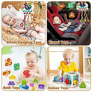5 in 1 Baby Montessori Toys, Sensory Bin Pull String Teething Toy 0-6 to 12 Month Suction Cup Spinner Infant Travel Bath Toy 6 7 8 18 M+ Soft Stacking Cups Rings Learning Activity Toddler 0-2 Gift Set