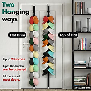 VOLCANOES CLUB Closet Oganizers and Storage - 2 Straps Hat Organizer Over The Door Storage Hanger - Baseball Caps Holder with 40 Clips, - Adjustable Closet Hook For Fitting Door Up To 93 Inch (Black)