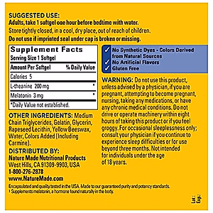 Nature Made Melatonin 3 mg with L-Theanine 200 mg, Dietary Supplement for Restful Sleep, 150 Softgels, 150 Day Supply