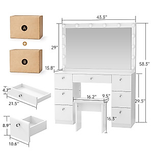 VOWNER Vanity with Lighted Mirror - Makeup Vanity Desk with Power Outlet and 7 Drawers, 3 Color Lighting Modes Adjustable Brightness, 44" Vanity Table with Soft Cushioned Stool for Women Girls, White