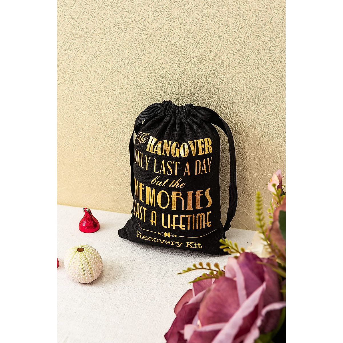 MEJOY 10 Pcs Bridal Shower Party Gift Bags, Black 5x7 Inch GOLD Foil "HANGOVERS", Bachelorette Hangover Kit Bags, Cotton Recovery Kit Bags Muslin Drawstring Bag for Bridal Shower Wedding Party Gift Decoration