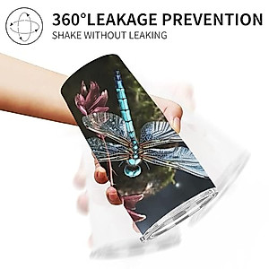 FHENMSA Stainless Steel Insulated Travel Coffee Mug,Blue Dragonfly Print Reusable Car Cup,Thermal Cup for Outdoor with Straw And Lid