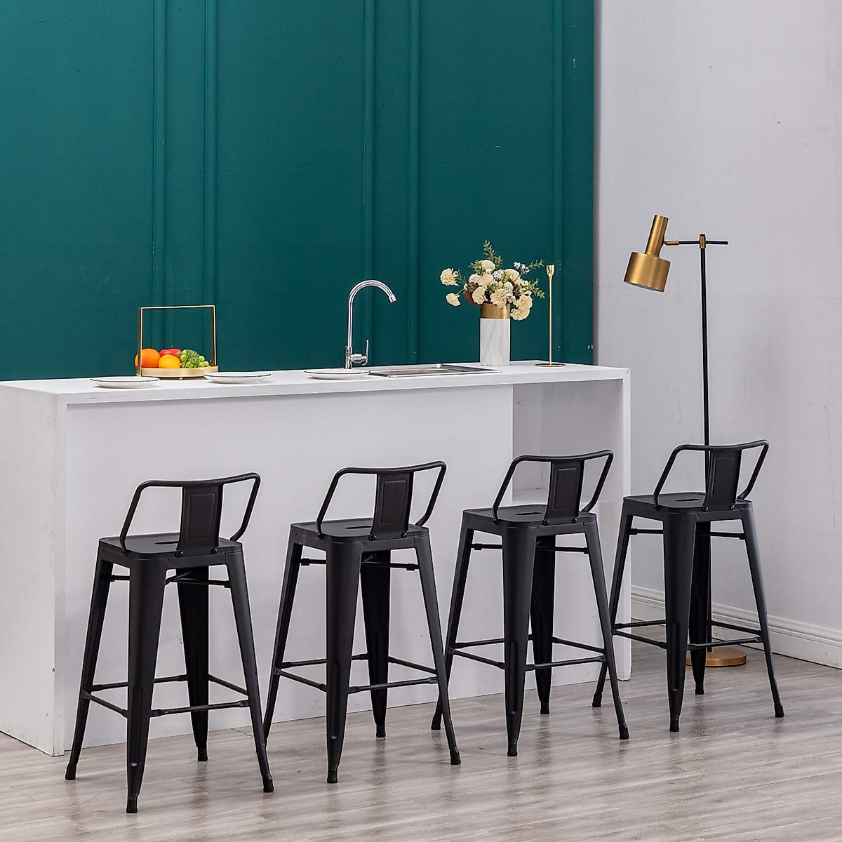 Yongqiang 26 inch Metal Barstools Set of 4 Indoor Outdoor Bar Stools with Back Kitchen Dining Counter Stools Bar Chairs Matte Black