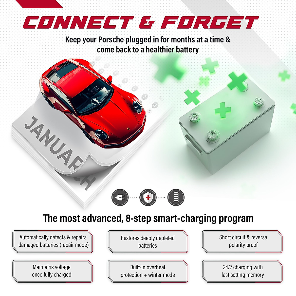 JMR Battery Charger for Porsche 911 Panamera Cayenne Macan Cayman 718 Boxter All Models Trickle Charger Conditioner Maintainer (No Lithium Mode)