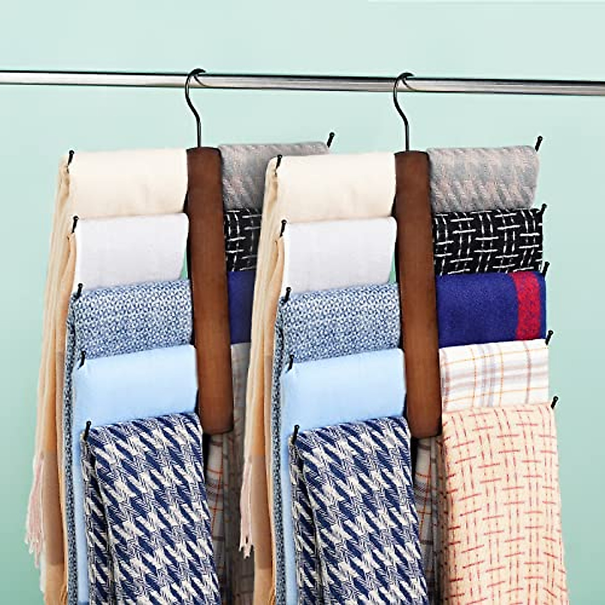 Mkono 2 Pack Scarf Hanger Wooden for Closet Organize Scarf Rack with 10 Hooks for All Scarves and 3 Pack Pants Skirts Hangers Space Saving 5 Tier with Adjustable Clips