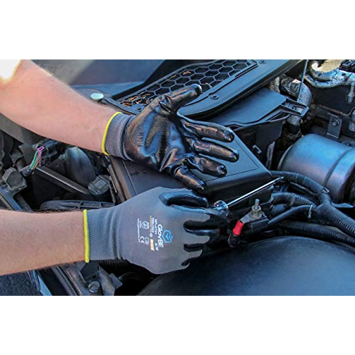 GlovBE 12 Pairs Mechanic Work Gloves, Oil & Gas Resistant Nitrile Coating, Grey (Large)