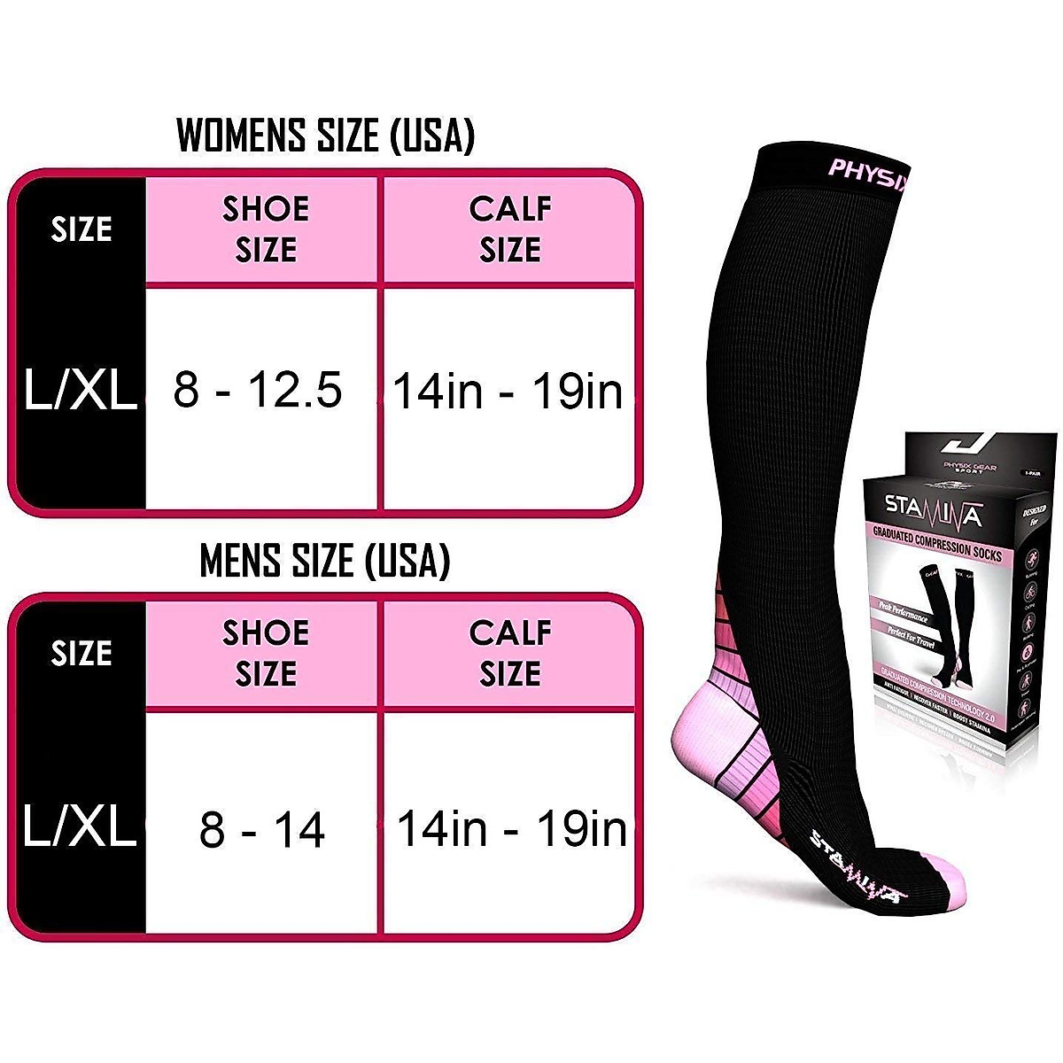 Physix Gear Sport 3 Pairs of Compression Socks for Men & Women in (Black/Pink + Black/Green + Black/Orange) L-XL Size