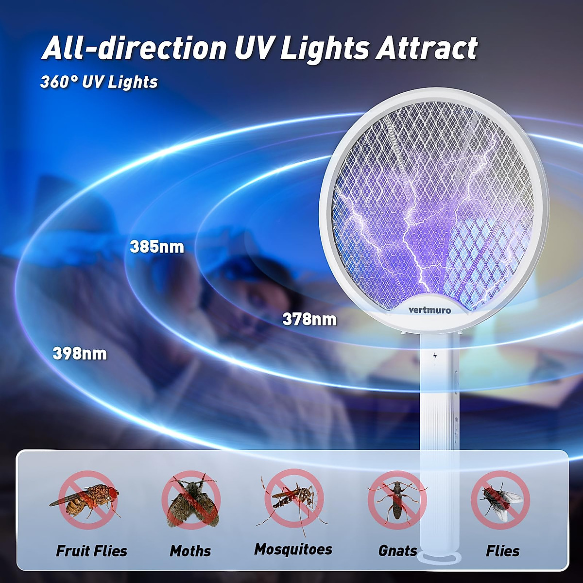 vertmuro Electric Fly Swatter, 4000V Bug Zapper Racket 2-in-1 Foldable Fly Trap with USB Rechargeable Battery, UV Light, Mosquito Killer Zapper for Indoor and Outdoor