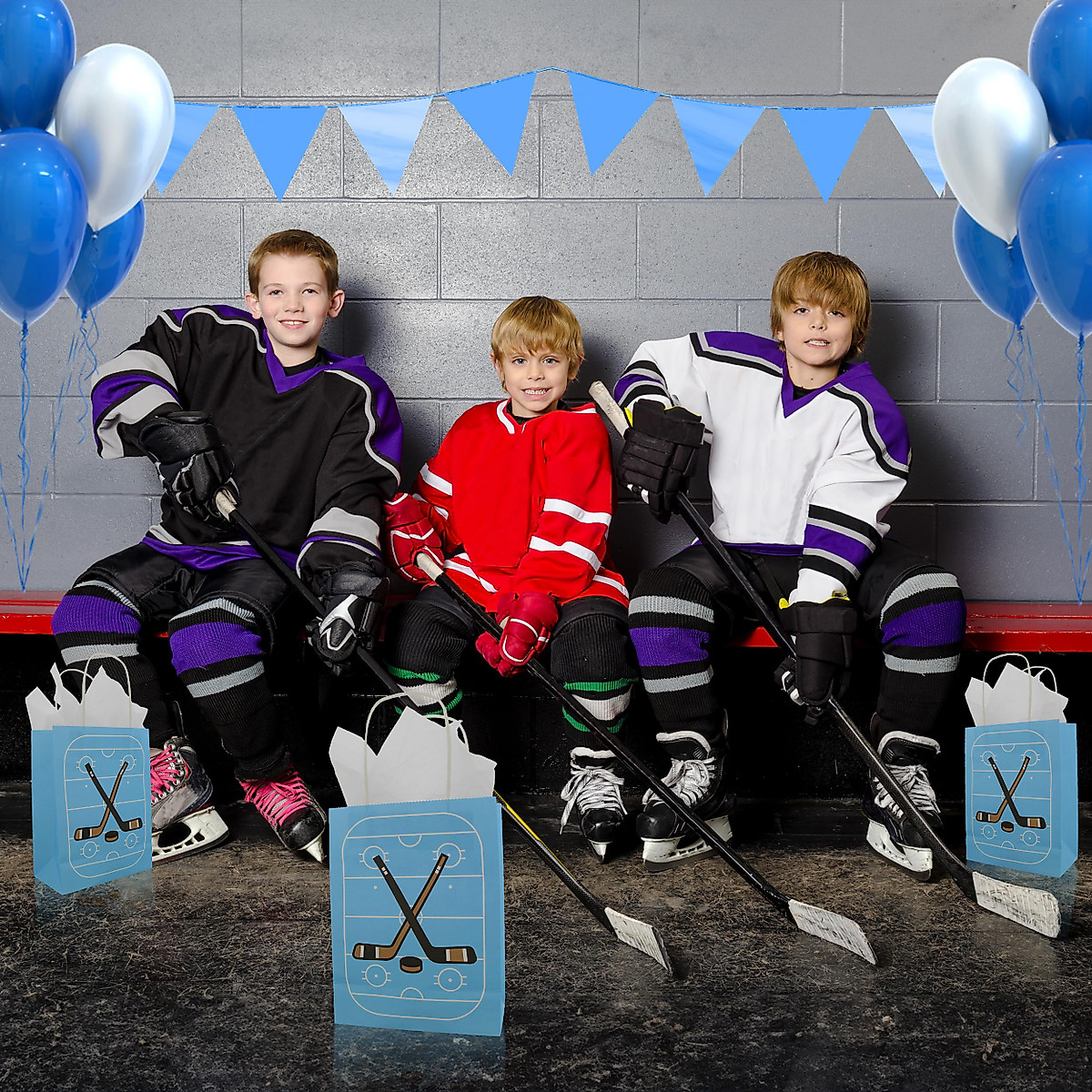7Penn Paper Gift Bags - 24 Blue Hockey Themed Birthday Party Goody Bags with Handle - for Gifts, Goodies, or Favors