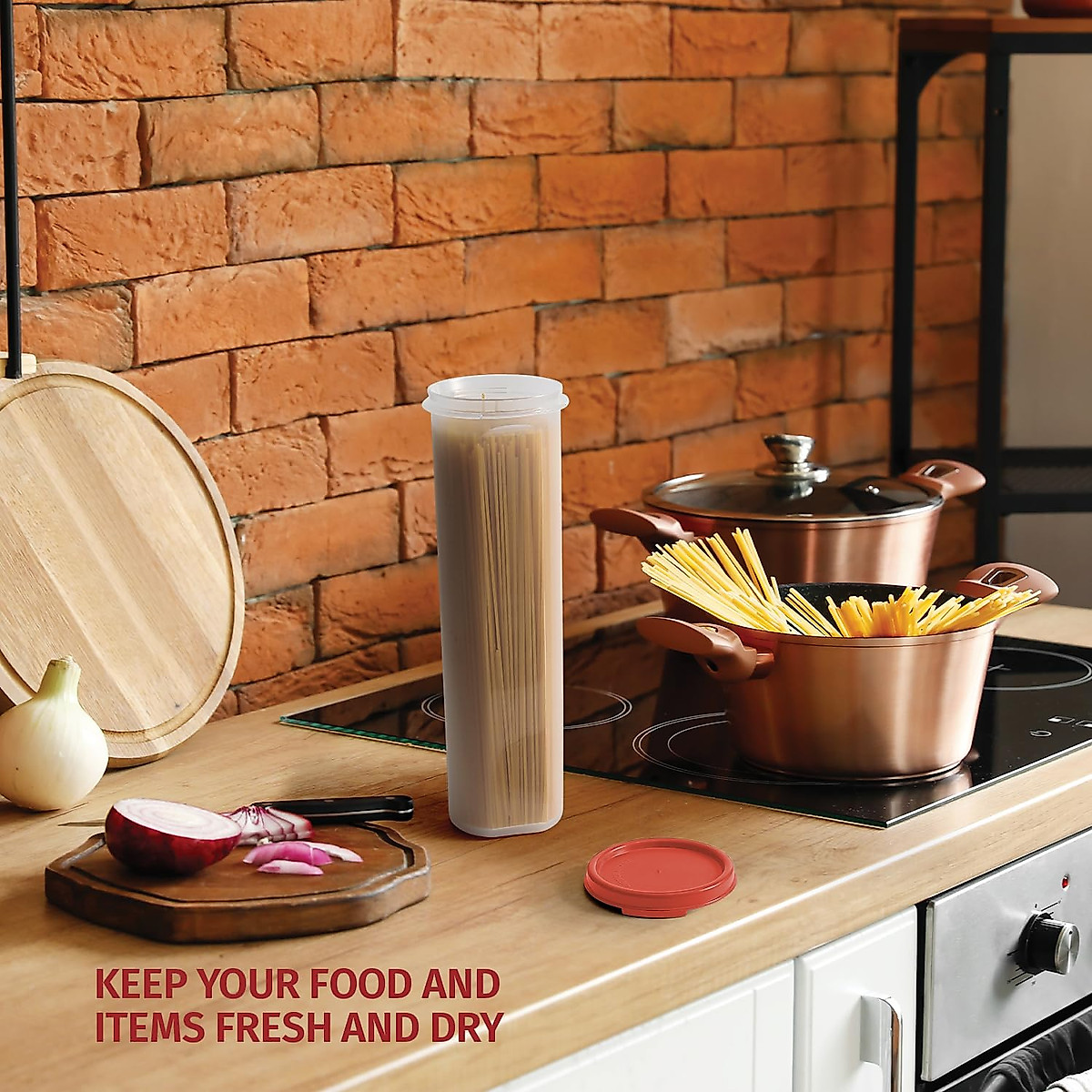 Tall Clear Spaghetti Pasta Container Storage With Lid-2 Pk.Multi-Purpose Kitchen Pantry Organization And Food Storage For Noodles Beans Straws - Airtight Leakproof Spaghetti Keeper BPA Free 37 oz.