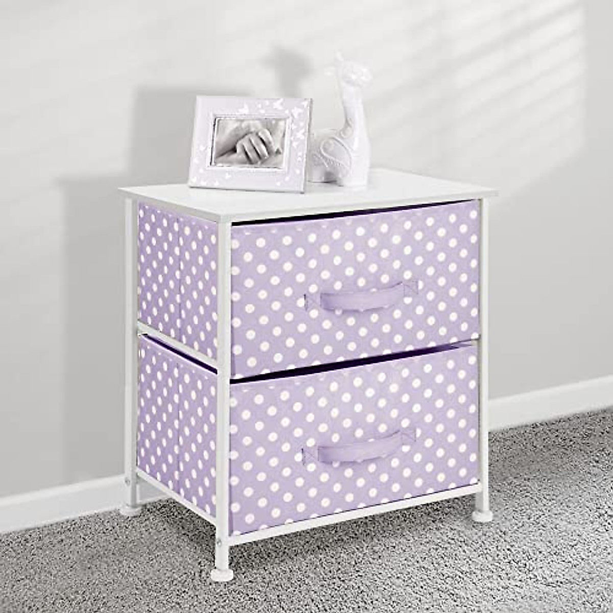 mDesign Small Storage Dresser End/Side Table Night Stand with 2 Removable Fabric Drawers - Organizer for Baby, Kid, and Teen Bedroom, Nursery, Playroom, or Dorm - Light Purple/White Polka Dot