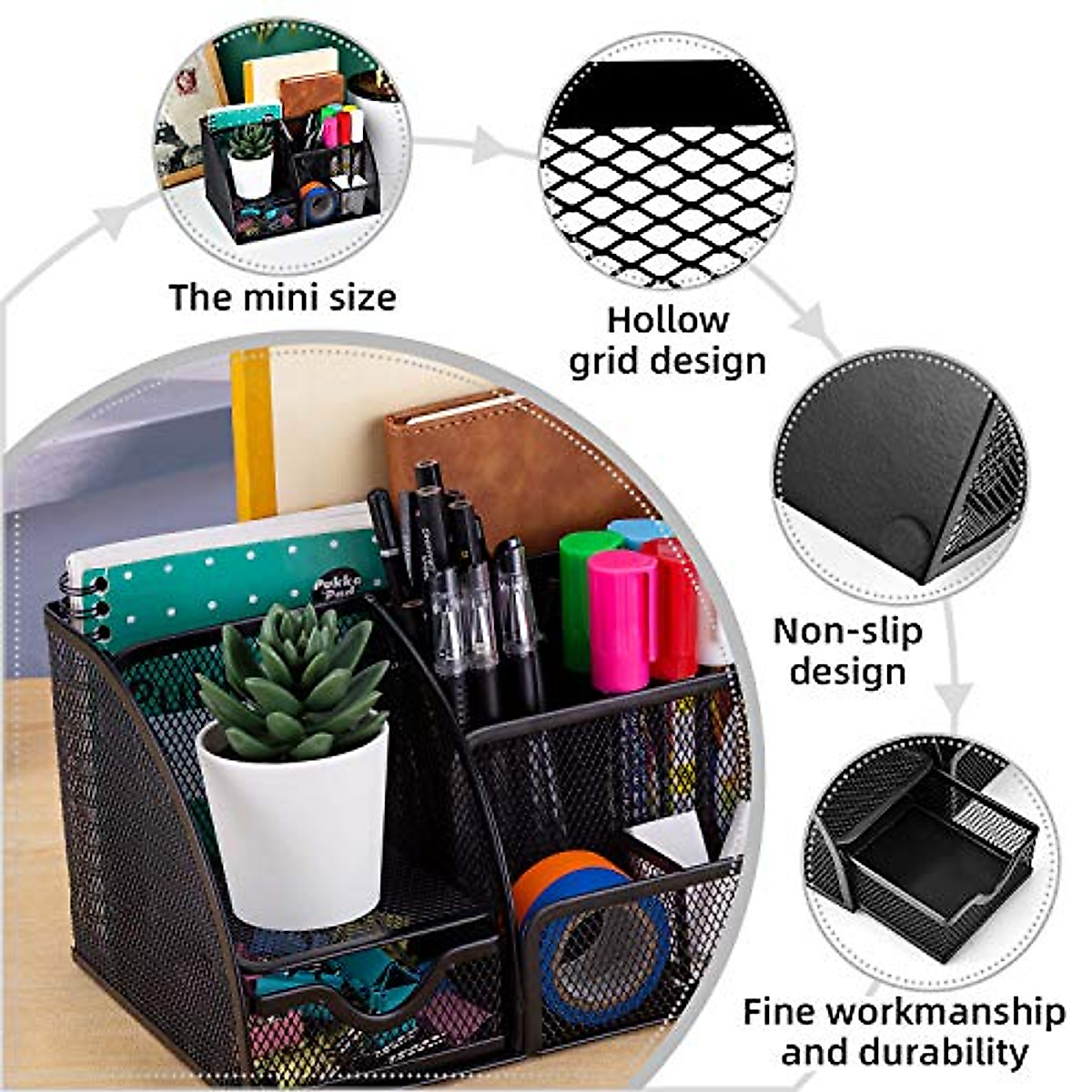 MDHAND Office Desk Organizer and Accessories Desk Drawer Organizer with 6 Compartments, Mesh Pencil Desk Organizer For Home Office