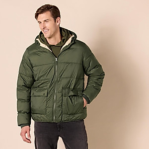 Amazon Essentials Men's Long-Sleeve Water-Resistant Sherpa-Lined Puffer Jacket, Dark Olive, Medium