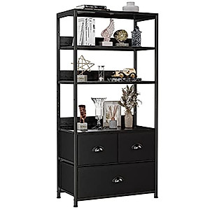 Furologee 4-Tier Bookshelf with 3 Drawers, Vertical Dresser Organizer, Black Storage Shelf for Books, Photos, Decorations in Living Room, Office, Bedroom,Kitchen, Sturdy Metal Frame,Wood Top