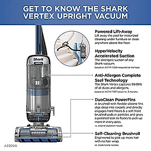 Shark AZ2000 Upright Vacuum Vertex DuoClean PowerFins Powered Lift-Away Self-Cleaning Brushroll and HEPA Filter, 1 Quart Dust Cup Capacity, Blue (Renewed)