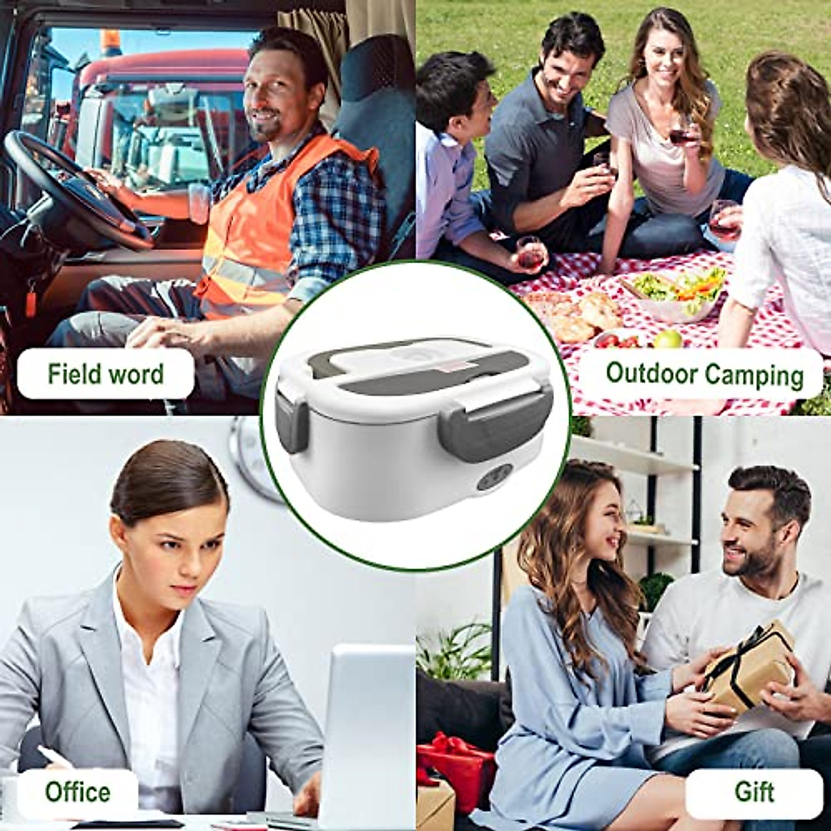 Electric Lunch Box Food Heater, Yokgrass 2-Compartment Fast Heating Adults Food Warmer for Car Truck and Home, Protable, Leak Proof, with 1.5L Stainless Steel Container, Fork, Spoon and Insulation Bag