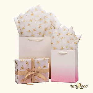 UNIQOOO 40 Sheets Metallic Gold Foil Honey Bee Gift Wrapping Tissue Paper Bulk, Large 20X26 Inch, For Wedding Birthday Baby Shower Party Favor Decor, Gift Bags Box Packaging, DIY Craft Bedding Shred Paper Filler