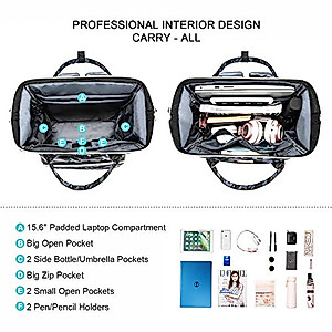 LOVEVOOK Laptop Backpack for Women 15.6 Inch, Teacher Backpack Womens Purse Water-resistant Travel Backpack with USB Charging Port, School Backpack Bookbag Nurse Bag Work Bags (Black Moire)