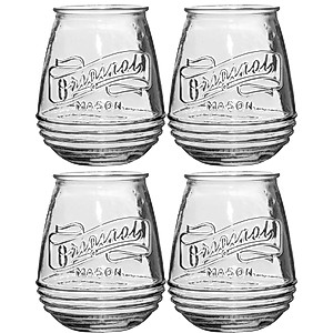 Glaver's Stemless Wine Glasses 21 Oz. Set Of 4 Original Mason Vintage Goblet Beverage Glasses Uses For Your Cocktail Lounge, Whiskey Parties, and Everyday Dinner Table. Dishwasher Safe.