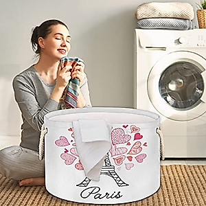 Valentine's Day Heart Eiffel Tower Large Round Baskets for Storage Laundry Baskets with Handles Blanket Storage Basket for Bathroom Shelves Bins for Organizing Nursery Hamper Girl Boy