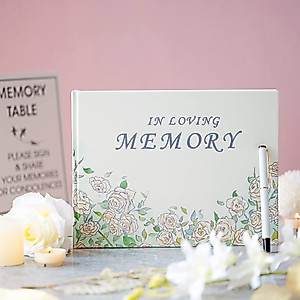 OEICYUA Funeral Guest Book - Hardcover in Loving Memory Guest Sign in Book - Elegant White Flower Decoration - with Share a Memory Table Stand - 200 Guests Entries with Name & Address.