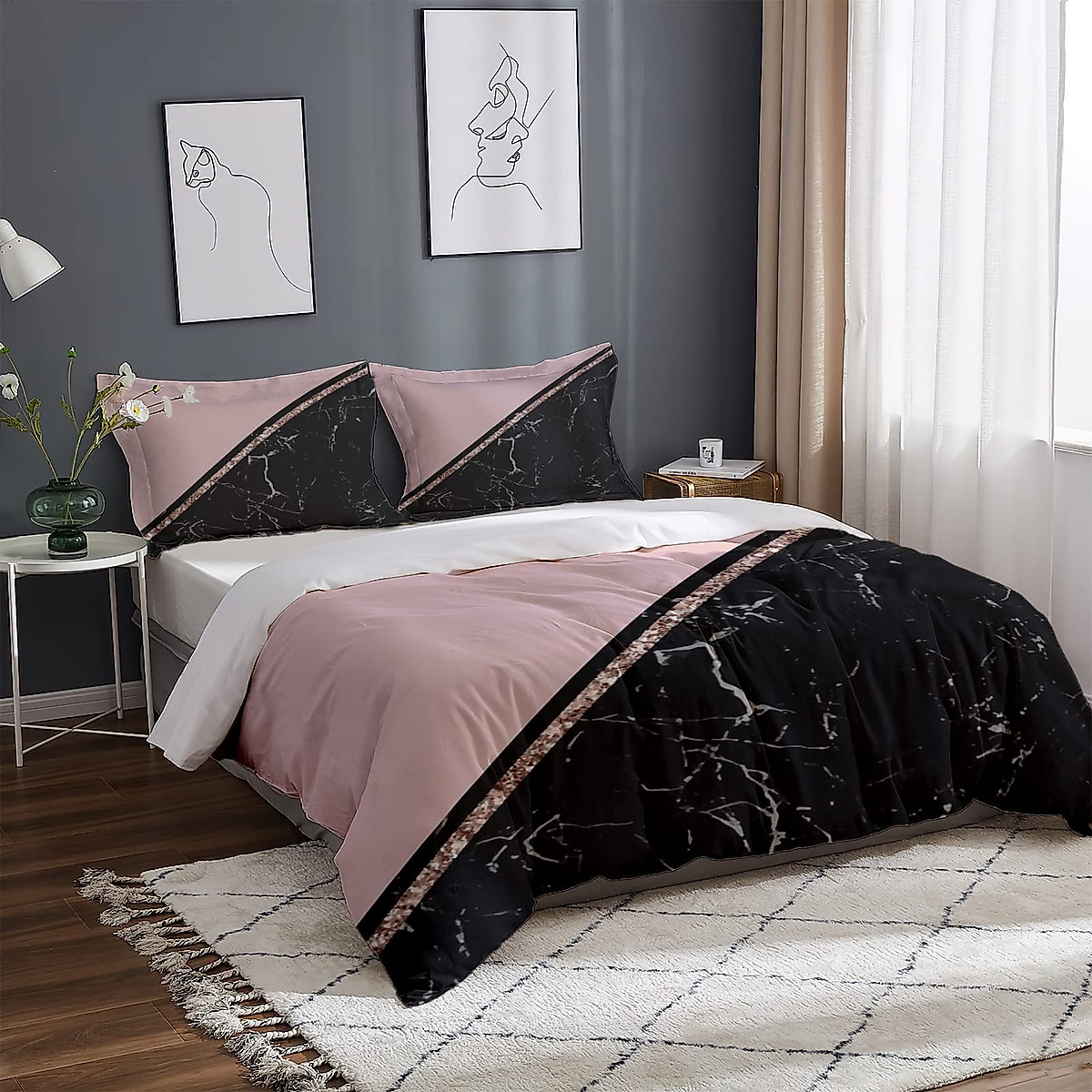 Pink Light Luxury Duvet Cover Set, Black Marble Pattern Printed Bedding Set, Bedding Microfiber Soft and Breathable with Zipper Lacing, Suitable for All Seasons-90 X 90" +2 Pillow Shams