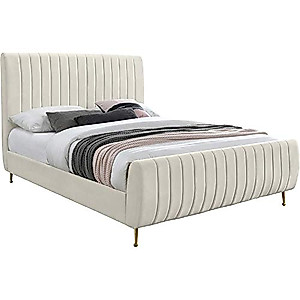 Meridian Furniture Zara Collection Modern | Contemporary Velvet Upholstered Bed with Deep Channel Tufting and Custom Gold Legs, Queen, Cream