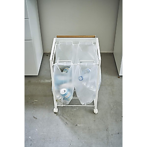 Yamazaki Home Concealed Rolling Sorter-Garbage Storage Basket On Wheels | Steel + Wood | Trash Can-Kitchen, One Size, White