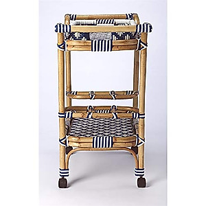 BOWERY HILL Transitional Selena Rattan Bar Cart in Blue and White