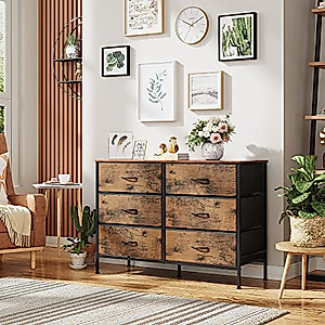 WLIVE Wide Dresser with 6 Drawers, TV Stand for 50" TV, Entertainment Center with Metal Frame, Wooden Top, Fabric Storage Dresser for Bedroom, Hallway, Entryway, Rustic Brown Wood Grain Print