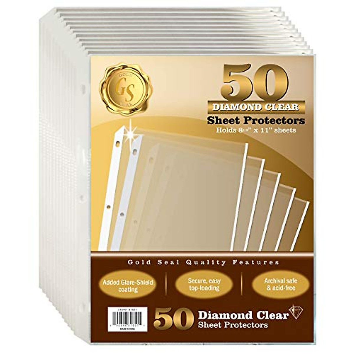 GOLD SEAL 50 Count Diamond Clear Sheet Protectors, Anti Glare Coating, Standard Durable Weight,8.5 x 11", Topload, 50 Pack