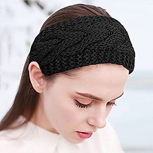 2 Pieces Womens Ear Warmer Headband Cable Knit Winter Headbands Fleece Lined Ear Warmers Stocking Stuffers Gifts,B-Black,Beige